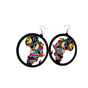 Aijian Ethnic Style Large Round Wood Eardrop African Map Wooden Dangler Earrings for Women (Color-a)