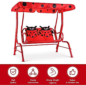 Casart Children's Swing, Patio Swing with Safety Belt and 2 Seats, Ladybug Pattern