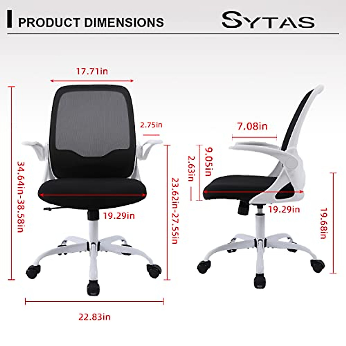 Sytas Office Chair Ergonomic Desk Chair Rolling Swivel Mesh Computer Task Chair with Flip-up Arms and Adjustable Height，for Adults and Kids，White
