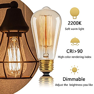 Figame ST64 Edison Bulb 60W 6 Packs, 110-130 Volts, E26/E27 Base Dimmable, Retro Edison Bulb 6 Packs, 2200k Amber Warm Yellow, Decorative Antique Filament Bulb Household Lighting Fixtures