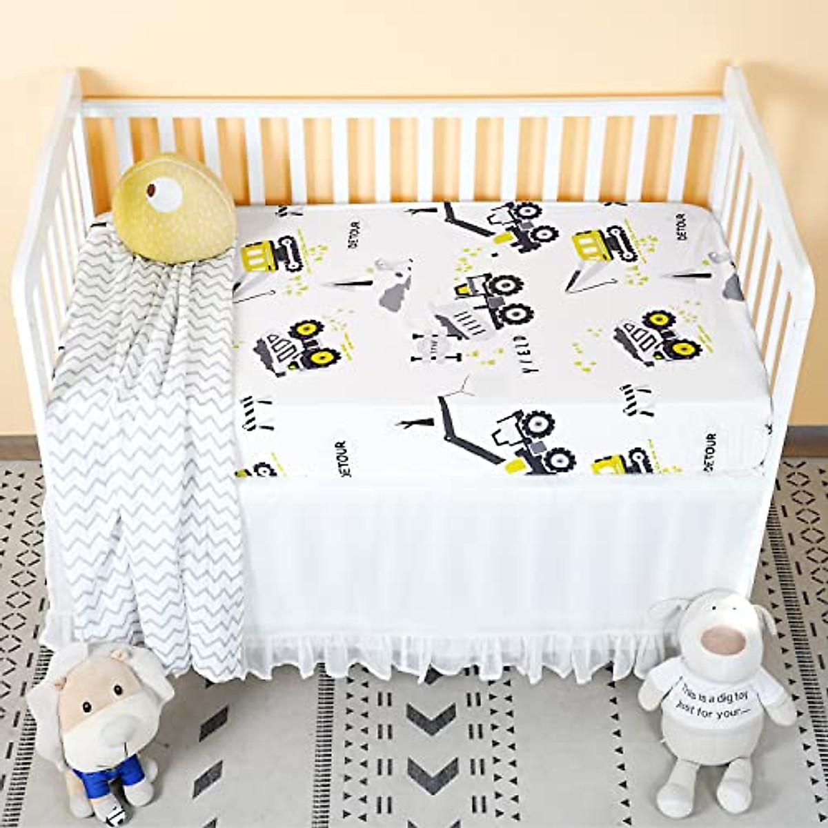 PHF 100% Cotton Crib Sheets Fitted 2 Pack, Soft Breathable Comfortable Baby Sheet Set for Boys Girls, Premium Crib Sheets Fits Standard Crib and Toddler Mattress 28in x 52in, Construction Cars
