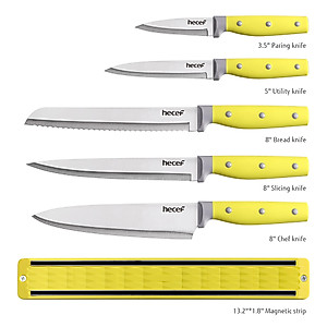 hecef Kitchen Knife Set with Magnetic Strip, 6 pcs Professional Knives Set for Kitchen, 13-inch Magnetic Strip Stainless Steel Sharp Chef Knife Set with Yellow Handle for Cutting Meat & Vegetable