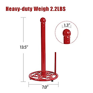 Paper Towel Holder Stand - Vintage Cast Iron Floral Pattern Weighted Base Roll Paper Towel Dispenser for Kitchen Countertop, Easy One Handed Tear Red Paper Towel Holder