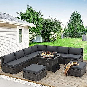 BULEXYARD Grey PE Wicker Patio Furniture Sectional Conversation Sofa Set with 43" Propane/Natural Gas Fire Pit Table, Large Size High Back Outdoor Furniture Set with Fireplace(10Pcs, Dark Grey)
