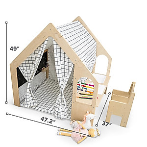 Avenlur Flair Montessori Style Wooden 5 in 1 Indoor Playhouse Play Tent with Desk Table, Chair, Chalkboard, Floor Cushion and Curtain Shades for Babies, Toddlers, Kids (Large, Windowpane)