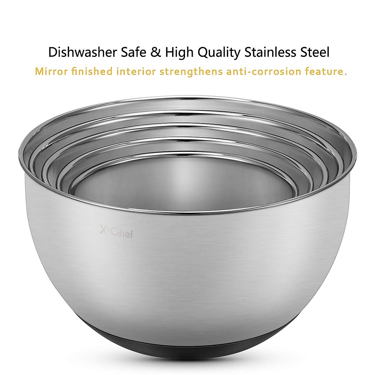 X-Chef Stainless Steel Bowls with Lids, Mixing Storage Bowl Set of 5 with Measurement, Stackable & Non-slip (1, 2, 2.5, 3.5, 4.5 QT)