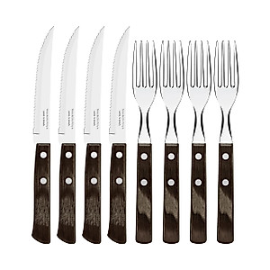Tramontina Cutlery Set with Steak Knives, 8 Piece Sharp Knife and Fork Set with Wooden Handles, ‎Camping, Kitchen, Rustic, Dishwasher Safe, 29899296