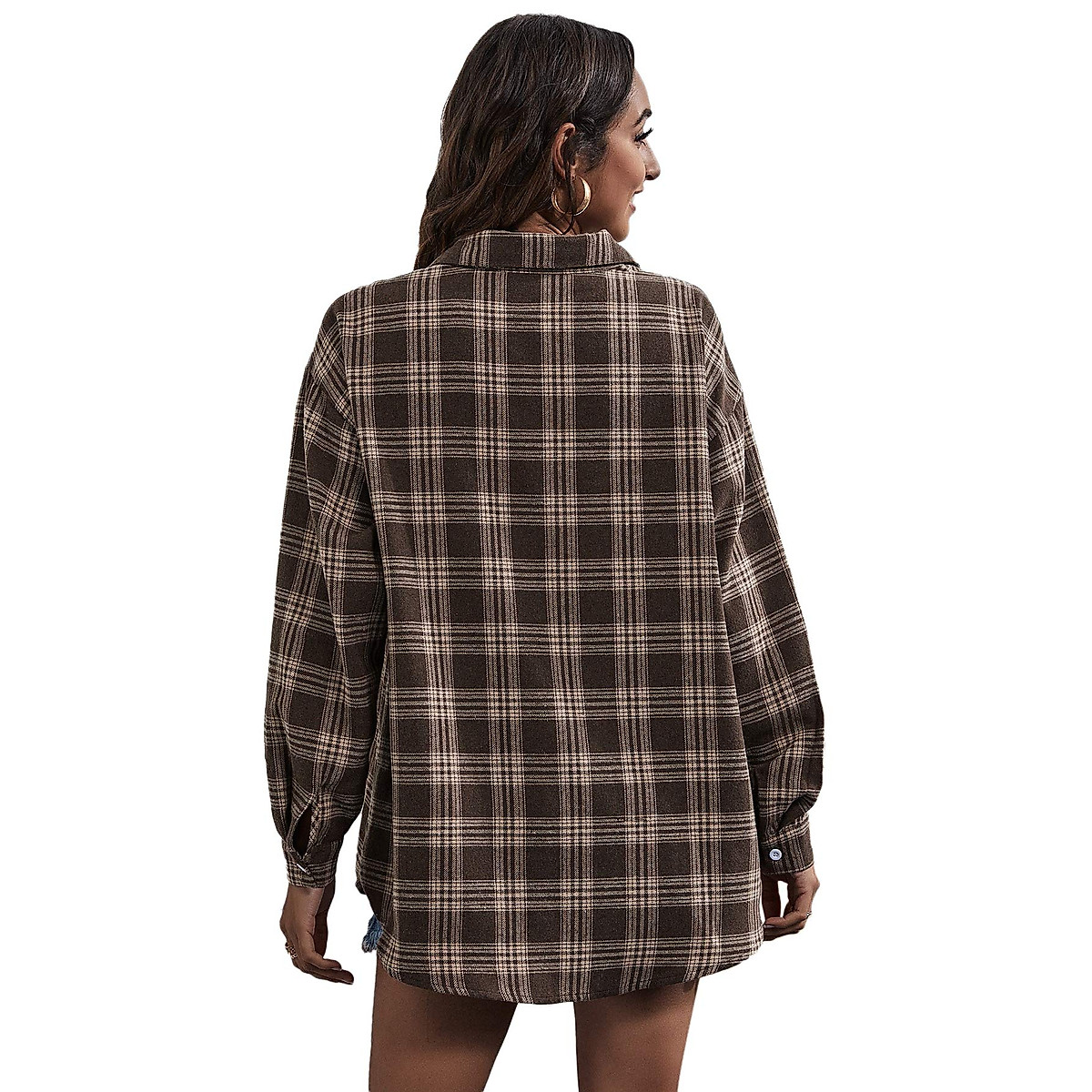 SweatyRocks Women's Long Sleeve Collar Long Button Down Plaid Shirt Blouse Tops Plaid Brown M