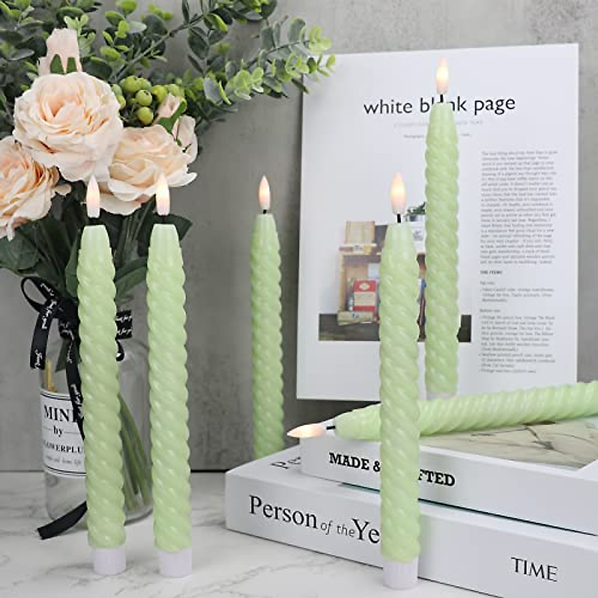 Lasumora Christmas Flameless Taper Candles Flickering with 10-Key Remote, Battery Operated 3D Wick LED Spiral Window Candles 6 Pack Real Wax Wedding Home Birthday Christmas Decor(0.78 X 9.8 Inchs)