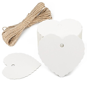 100PCS Kraft Paper Gift Tags Heart Paper Tags with Twine for DIY Crafts & Price Tags, Birthday, Valentine,Wedding and Party Favor (White)