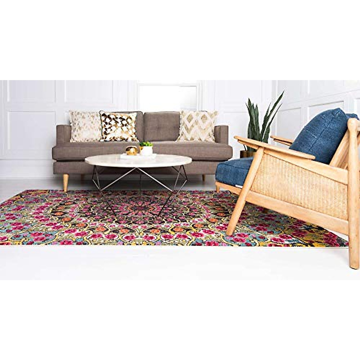 Unique Loom Vita Collection Bright Bohemian Over-Dyed Circular Floral Patterned Traditional Vintage Area Rug, 8 ft x 10 ft, Multi/Yellow