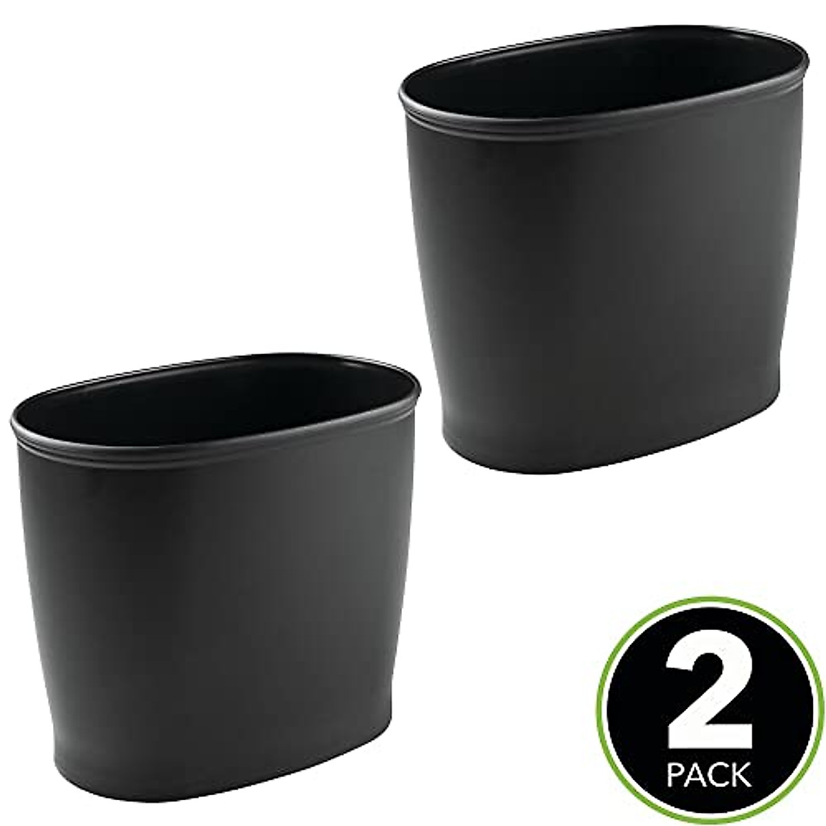 mDesign Plastic Oval Small 2.25 Gallon/8.5 Liter Trash Can Wastebasket, Garbage Container Bin for Bathroom, Kitchen, Office, Dorm - Holds Waste, Refuse, Recycling, Hyde Collection, 2 Pack, Black