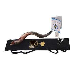Yaliland Shofar Horn Musical Instrument - Kosher Kudu Ram Horns from Israel - Includes Bag, Book Guide, Anti-Odor Spray, 3 Brushes - Use for Religious Ceremonies - 24"-26", Half Polished-Half Natural