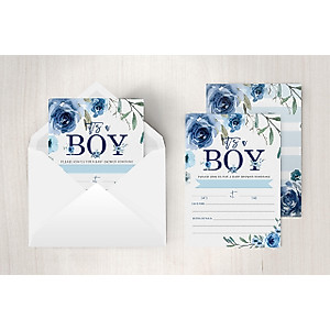 Boy Baby Shower Invitations with Book Request and Diaper Raffle Card, Blue Baby Sprinkle, 20 Fill in Invites