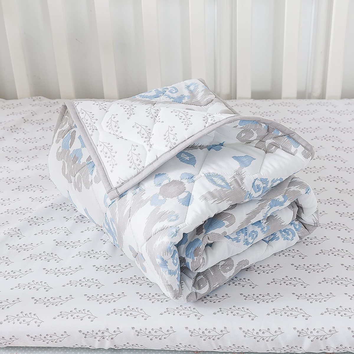 3-Piece Blue and Gray Crib Bedding Set for Girls and Boys. Standard Size Set Inlcudes Comforter, Neutral Crib Fitted Sheet, and Changing Pad Cover. Grey and Blue Damask Pattern