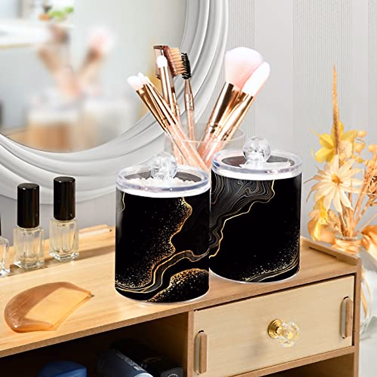 ALAZA Black White Golden Marble 2 Pack Qtip Holder Dispenser with Lid 14 Oz Clear Plastic Apothecary Jar Containers Jars Bathroom for Cotton Swab, Ball, Pads, Floss, Vanity Makeup Organizer