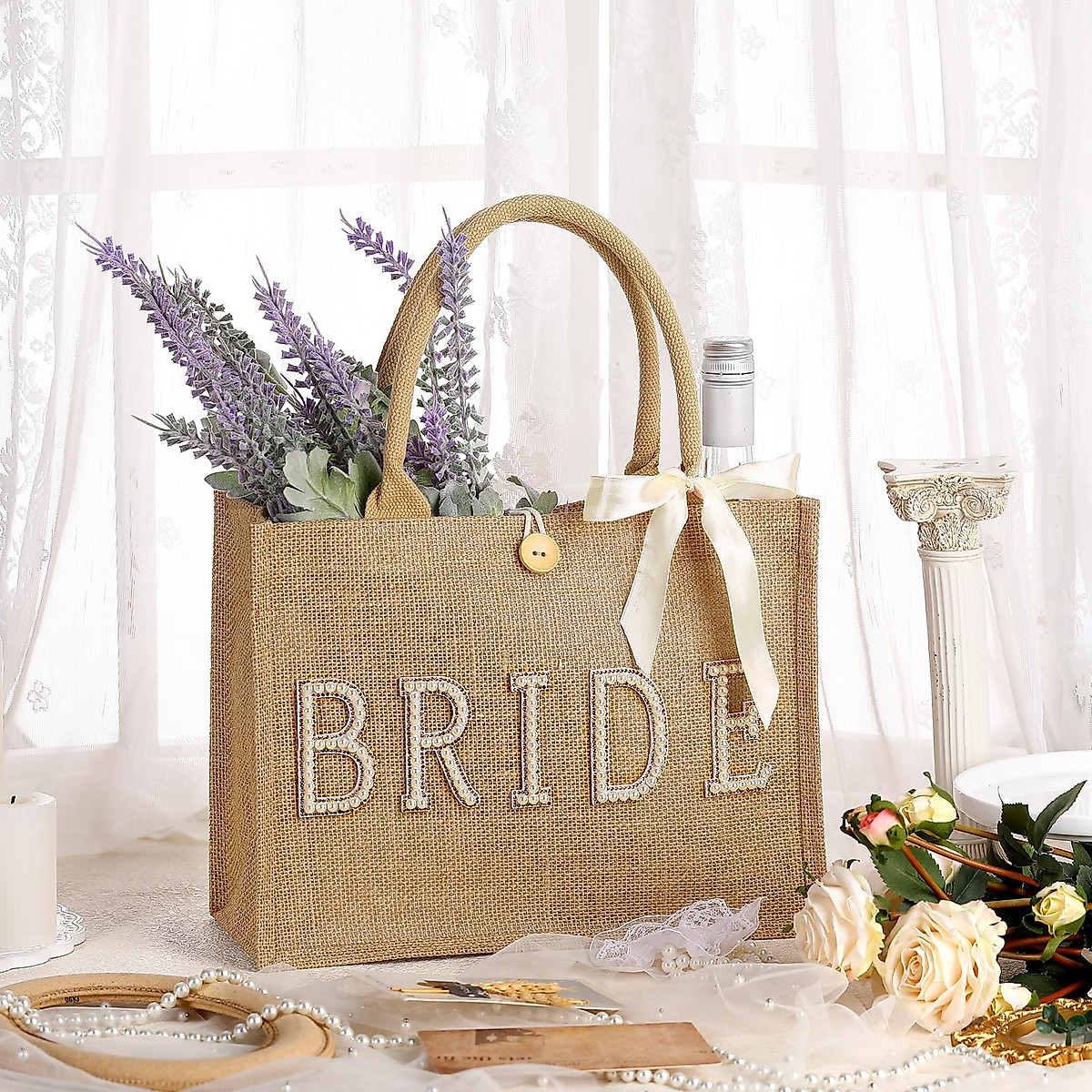 Silkfly Wedding Bride Bag Natural Jute Bride Tote Bag with Ribbon Bride Gift Bag with Handle for Bridal Shower (Gold Edges,Bride)