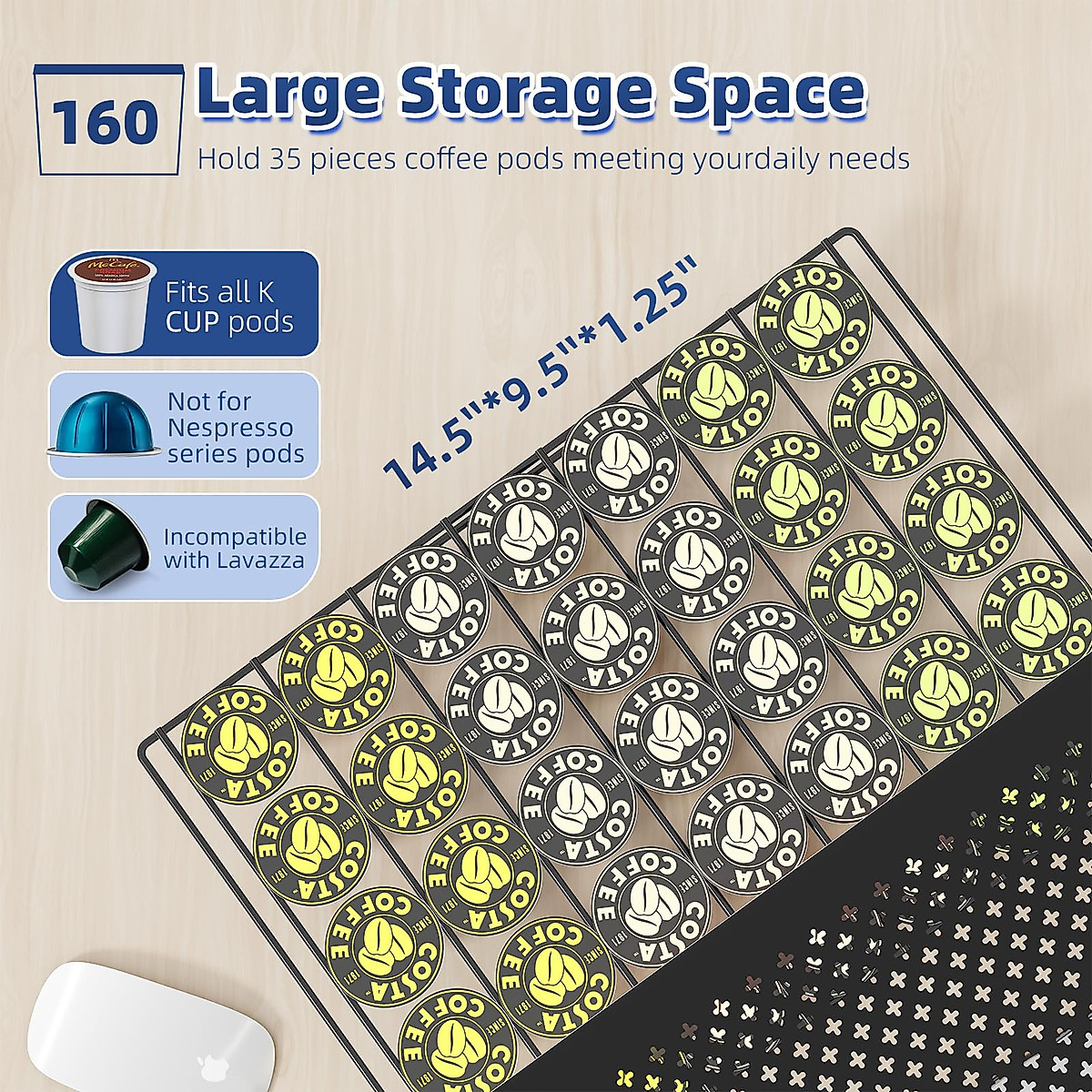 Simple Trending 5-Tier Coffee Pod Holder for K-Cup, 160 Pod Pack Capacity Rack with Mug Rack, Metal, Black