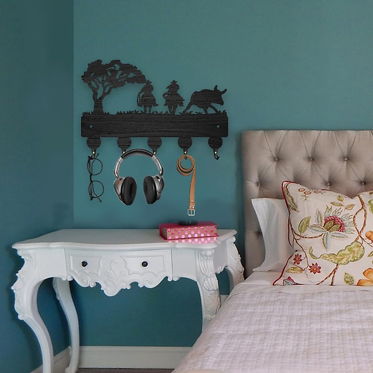 BEUNITONE Cowboy Wooden Key Holder for Wall Cow Coat Hooks Tree Wood Key Rack 11.8x7.9 Towel Display Hanger Wall Mounted with 5 Hooks and Screws for Entryway Front Door Kitchen Hallway Office