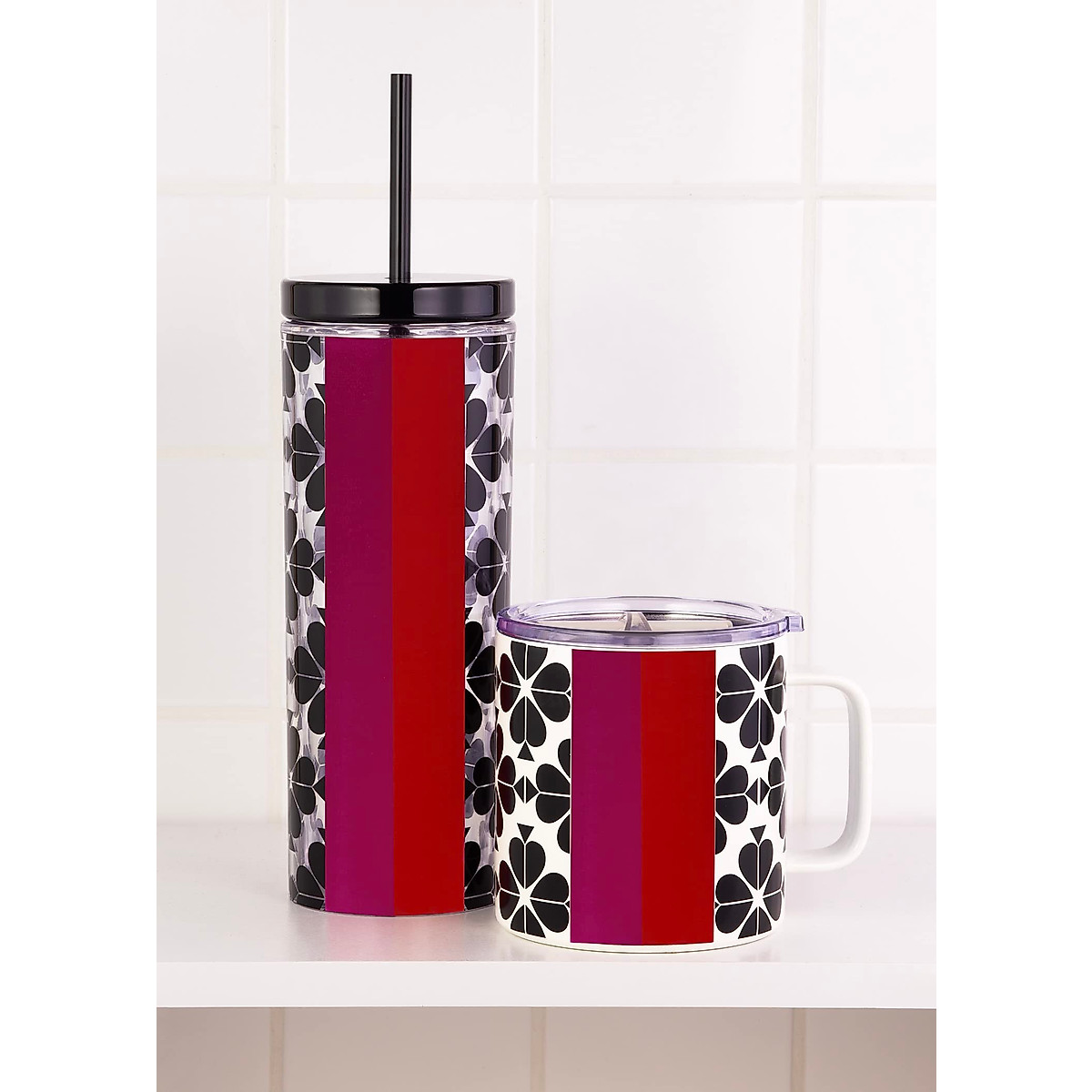 Kate Spade New York Acrylic Tumbler with Lid and Straw, 24 oz Tumbler, Slim Double Wall Tumbler, Spade Flower Stripe