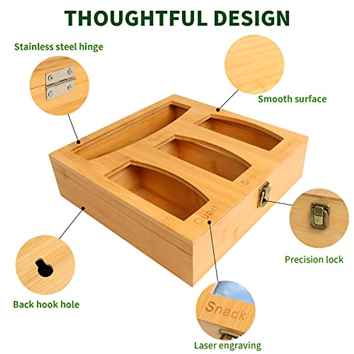 SOGUAOLO Bamboo Ziplock Bag Storage Organizer and Dispenser for Kitchen Drawer–Food Storage Bag Holders Compatible With Gallon, Quart, Sandwich & Snack Variety Size Bags.