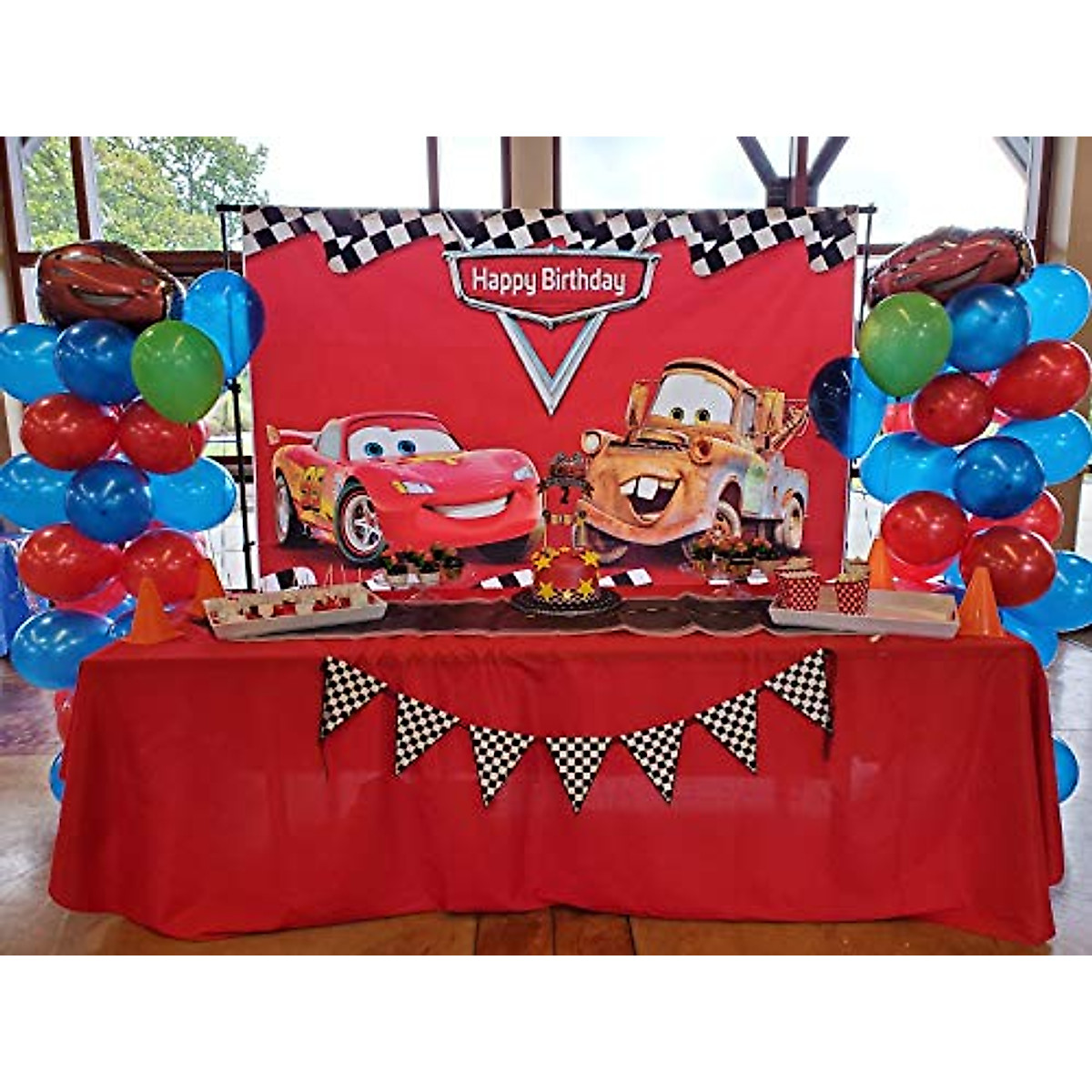 Botong 5x3ft Cars Backdrop Movie Birthday Party Supplies Backdrops Car Racing Story Black White Grid Red Photo Backgrounds for Photography Birthday Party Banner