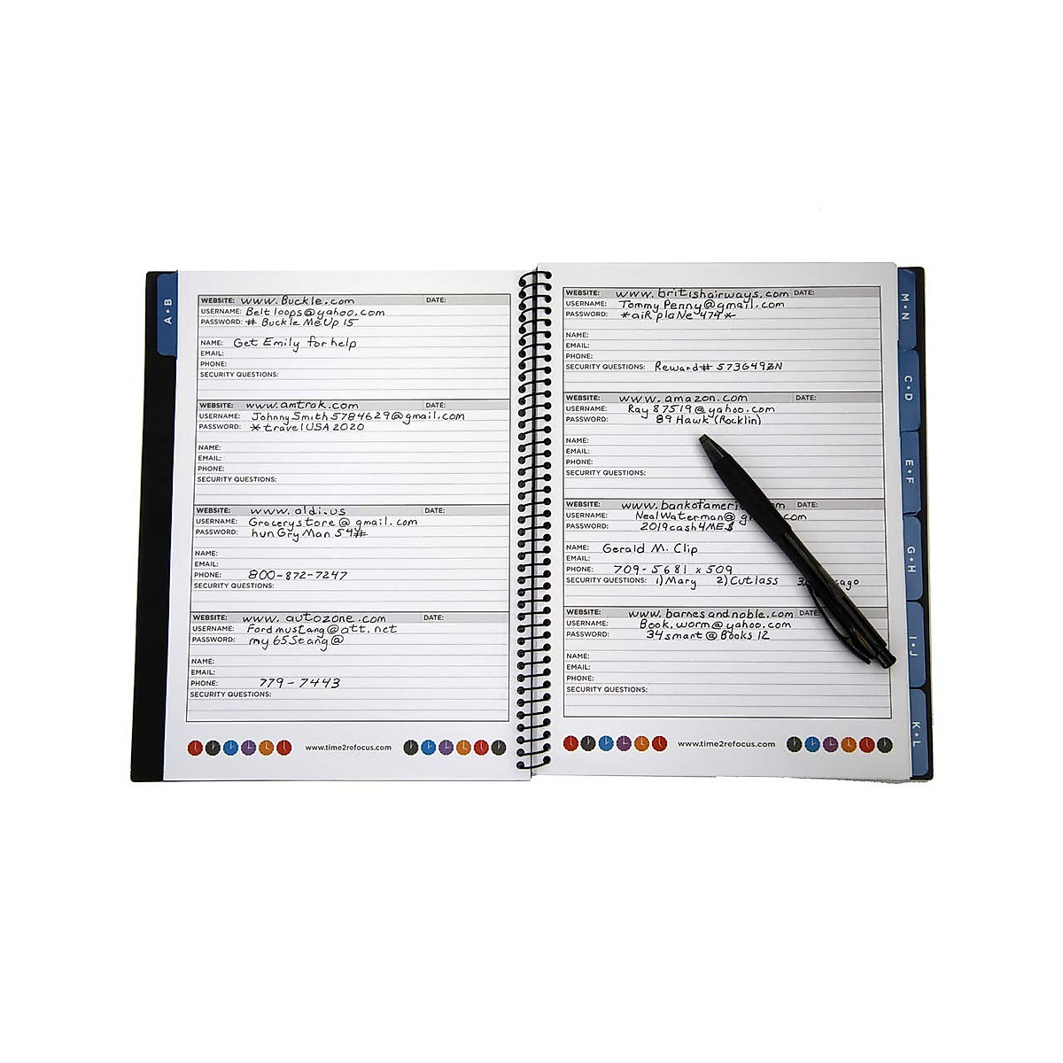 RE-FOCUS Password Book with Alphabetical Tabs 10"x7.5" Spiral Bound Credentials keeper Saves All Internet Login Details (Black)