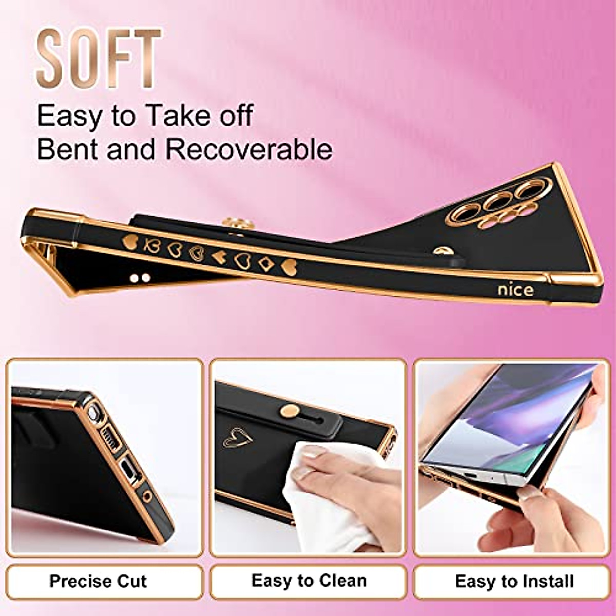 Likiyami (3in1 for Samsung Galaxy Note 10 Plus Case Heart Women Girls Cute Girly Aesthetic Trendy Luxury Pretty with Loop Phone Cases Black and Gold Plating Love Hearts Cover+Screen+Chain -6.8 inch