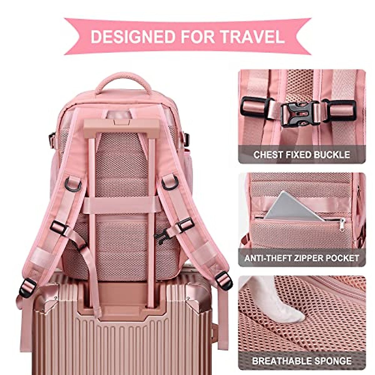 coowoz Travel Backpack For Women Men Airline Approved,Pink Carry On Backpack,Large Hiking Backpack Waterproof Outdoor Sports Rucksack Casual Daypack Fit 15.6 Inch Laptop Backpack College Backpack
