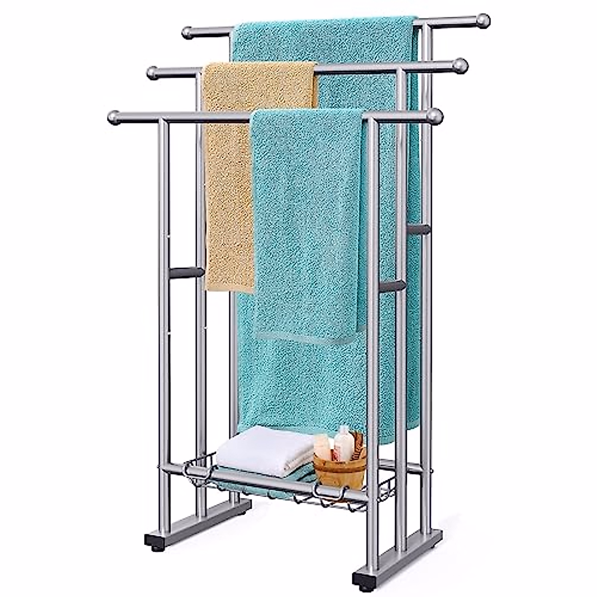 40" Tall Freestanding Towel Racks for Bathroom, 3 Tier Floor Towel Rack with Storage Basket, Blanket Ladder Drying and Display Rack for Large Bath Towel & Hand Towel Outdoor Poolside (Silver)