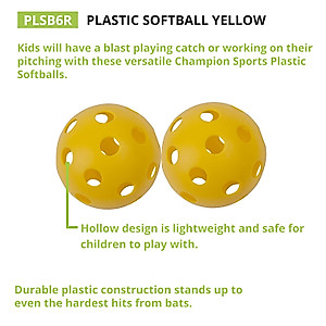 Champion Sports 12" Hollow Plastic Softball Set - Athletic Softball Equipment - Practice Softballs Plastic Hollow - Regulation Size Balls - Fun for All Ages - Lightweight/Durable - Set of 6