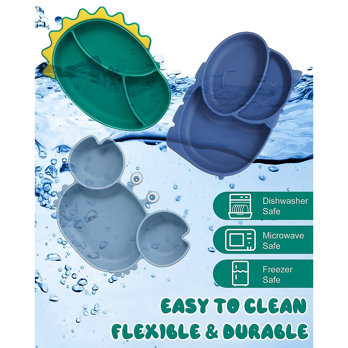 Maxdot 9 Pcs Baby Silicone Plates with Suction Divided Placemat Dish with Spoon Fork Set Toddler Plates Baby Plates and Utensils Set Kids Self Feeding Training Supplies, Dinosaurs, Crab, Hippo