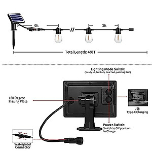 SUNTHIN Outdoor Solar String Lights, 48ft Solar Patio Lights with USB Rechargeable, Waterproof & Shatterproof Solar Powered Bulbs for Yard, Porch, Garden, Pool, Party, Camping