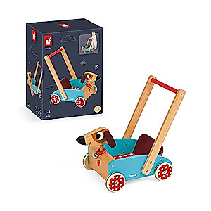 Janod Crazy Doggy Cart – Adorable Wooden Push Toy Walker with Storage – Dog Bell Rings When the Cart is Pushed - Encourages Walking and Discovery – Ages 1+ years.