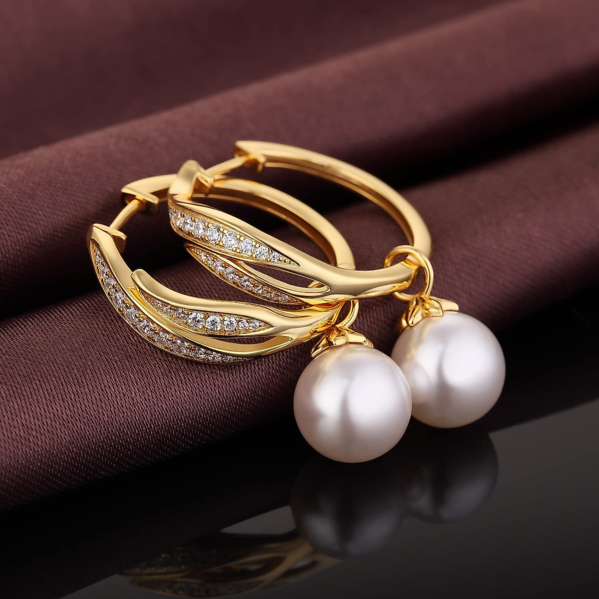Pearl Hoop Earring Pearl Diamond Earrings Pearl Dangle Earrings Sterling Silver Pearl Earrings for Women Wedding Pearl Earring Huggies Large Gold Pearl Dangling Earring with Pearl 10MM