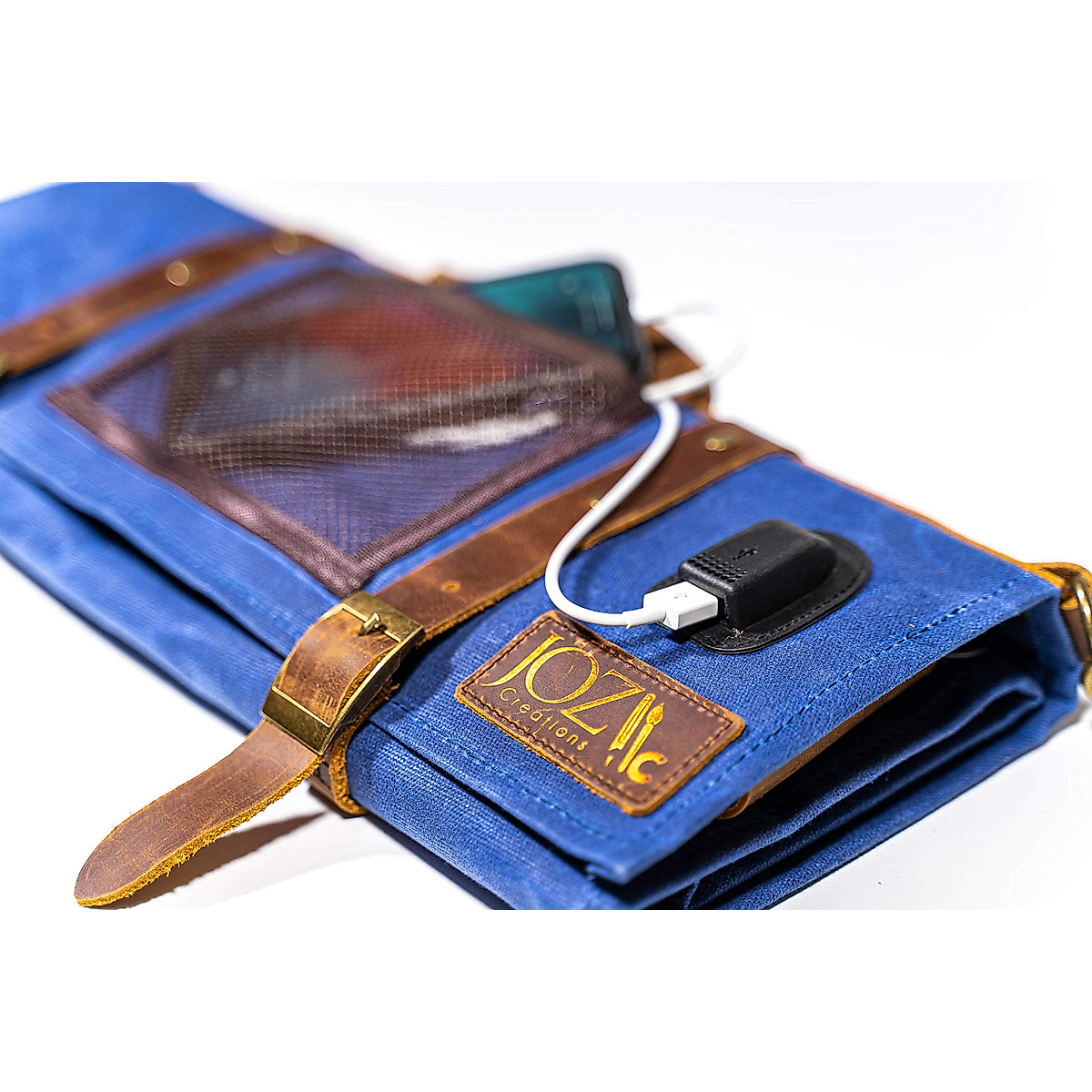 Chef Knife Roll Bag Waxed Cavas Genuine Leather USB | Amazing Gift for Tech Savvy Executive Chefs & Culinary Students (Blue) Culinary graduation gift | JOZ Creations LLC knife bag USB port blue