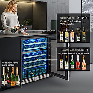 BODEGA 24 Inch Wine Cooler,56 Bottle Wine Refrigerator Dual Zone, Built-In and Freestanding Wine Fridge,with Quick and Silent Cooling System for Red, Rose and Sparkling Wines,Stylish Look