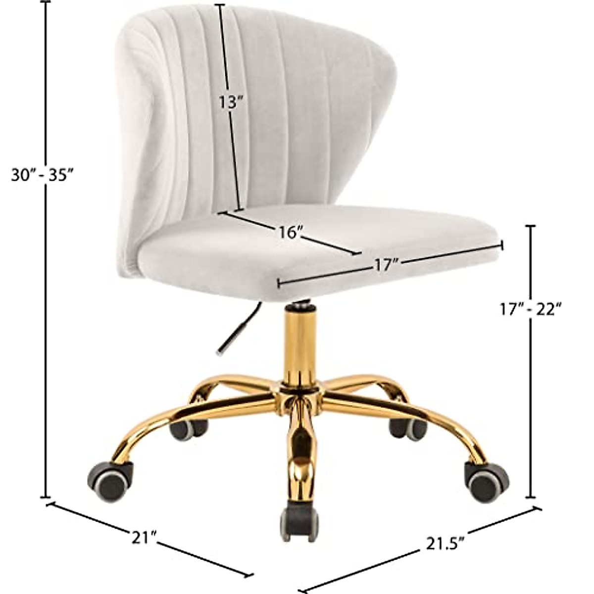 Meridian Furniture 165Cream Finley Collection Modern | Contemporary Velvet Upholstered Swivel Adjustable Office Chair with Channel Tufting and Gold Base, Cream, 21.5" W x 21" D x 29.95"-34.65" H