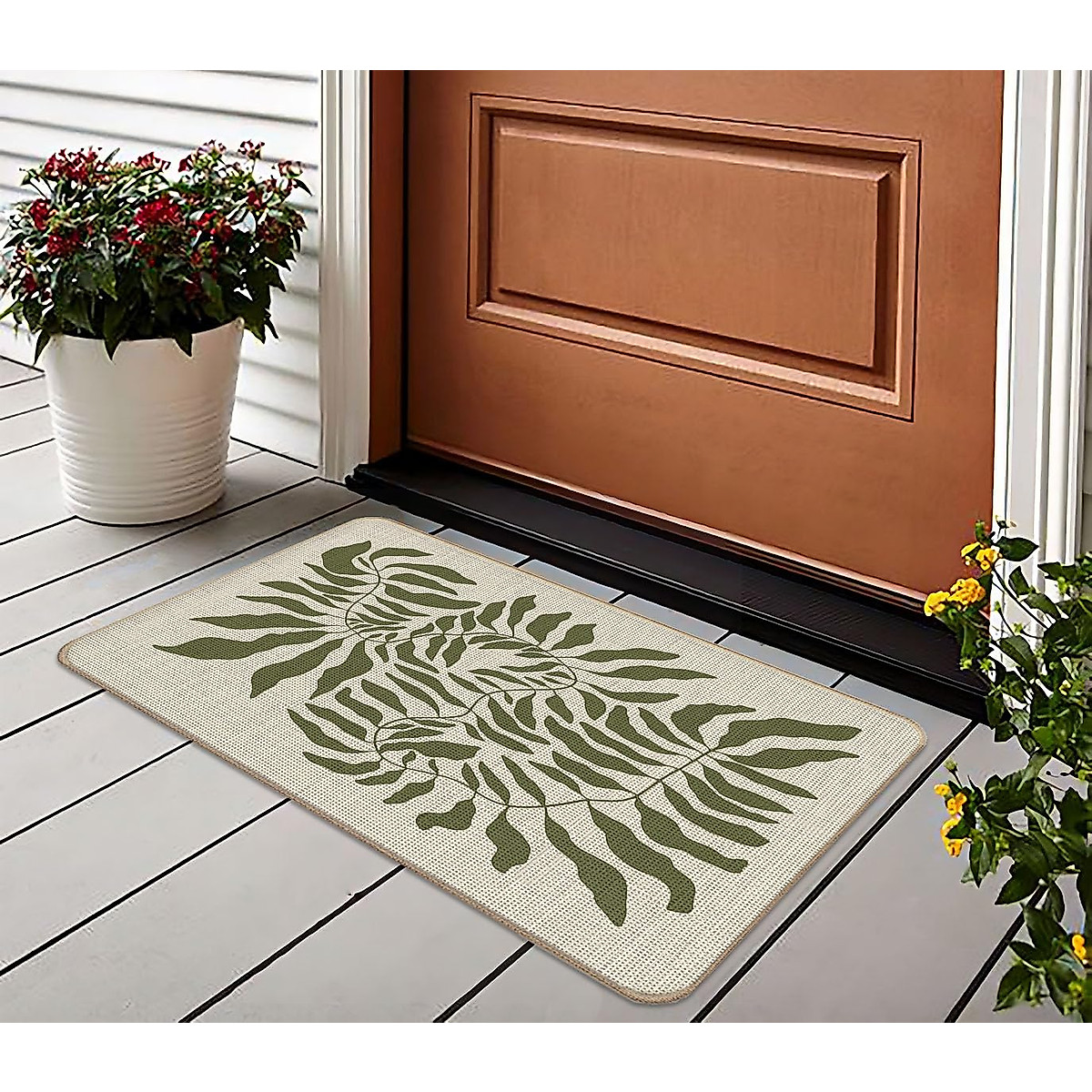 Lacosu Boho Door Mat,Summer Olive Green Botanical Leaf Front Door Mat Indoor Outdoor Entrance,Summer Boho Botanical Decor,Mid Century Modern Decor,17"X30"