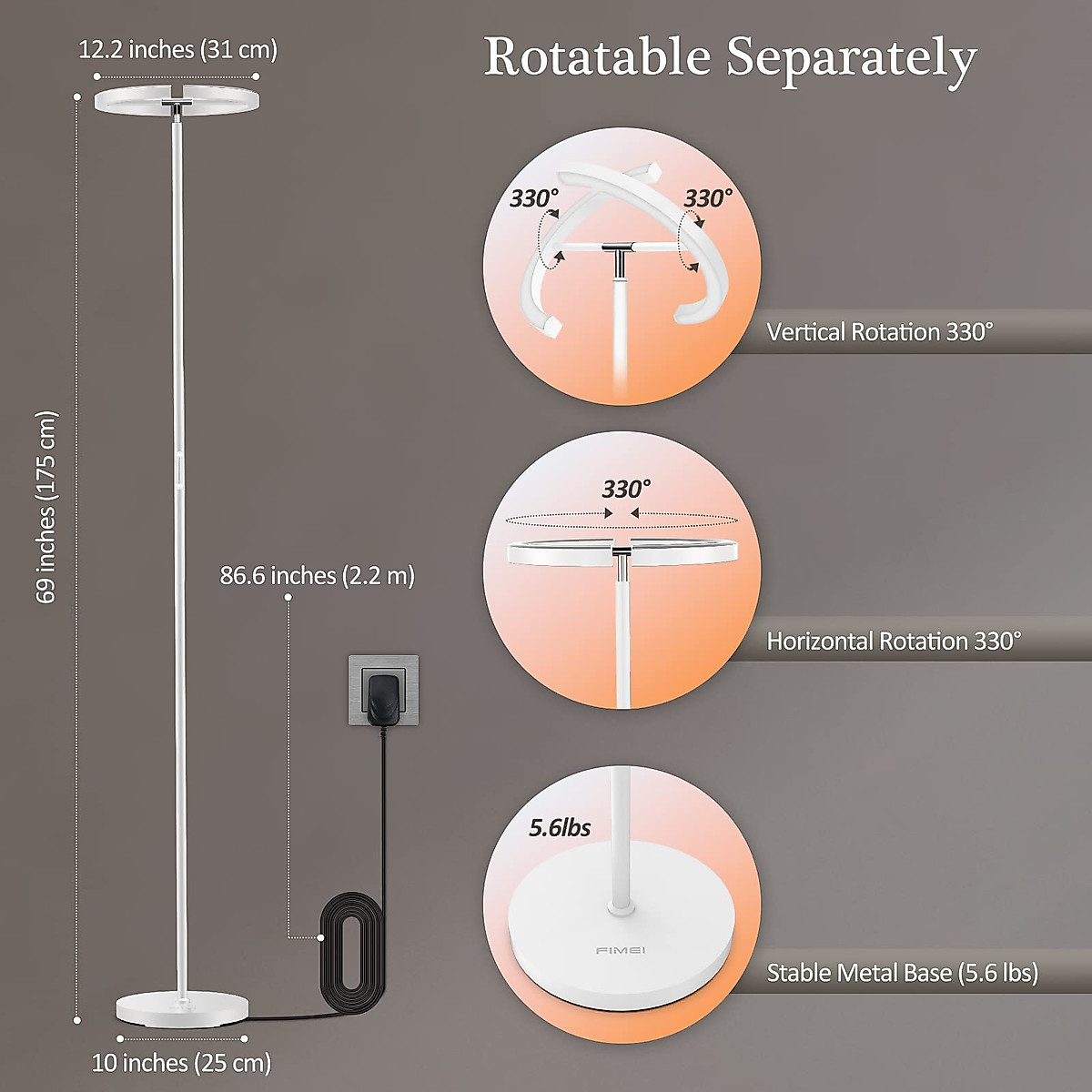 FIMEI Split Floor Lamp, Modern Bright LED Rotatable Floor Lamp with Reading Light for Home, Standing Lamp with Stepless Dimming and 3000K-6000K Color Temperature, Touch and Remote Control-Black