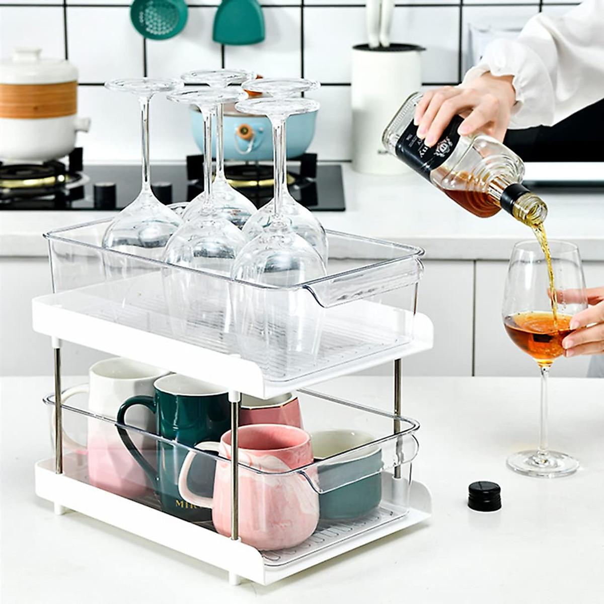 Ruishetop Stackable Under Sink Cabinet Organizer, Multi-Purpose 2 Tier Drawers Sliding Cabinet Basket Organizer Drawer with Handle for Home Kitchen Bathroom Office