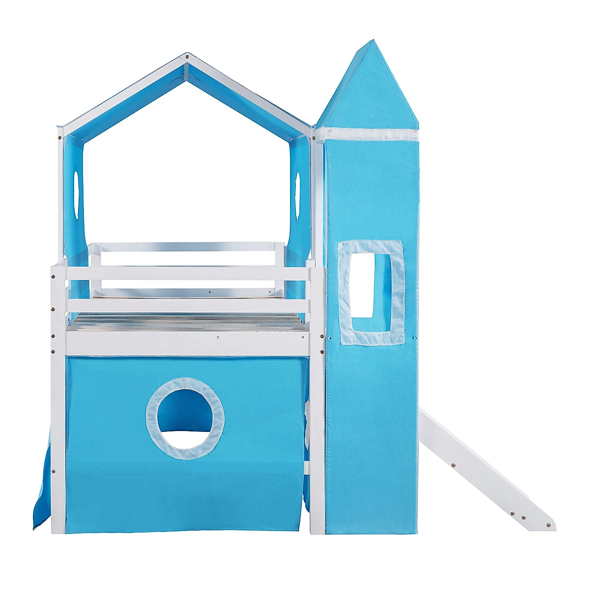Harper & Bright Designs Twin Size Low Loft Bed with Slide & Curtains and Tower, Solid Wood Loft Bed Frame with Tent, Twin Over Twin Floor Bunk Bed for Kids Girls Boys (Blue)