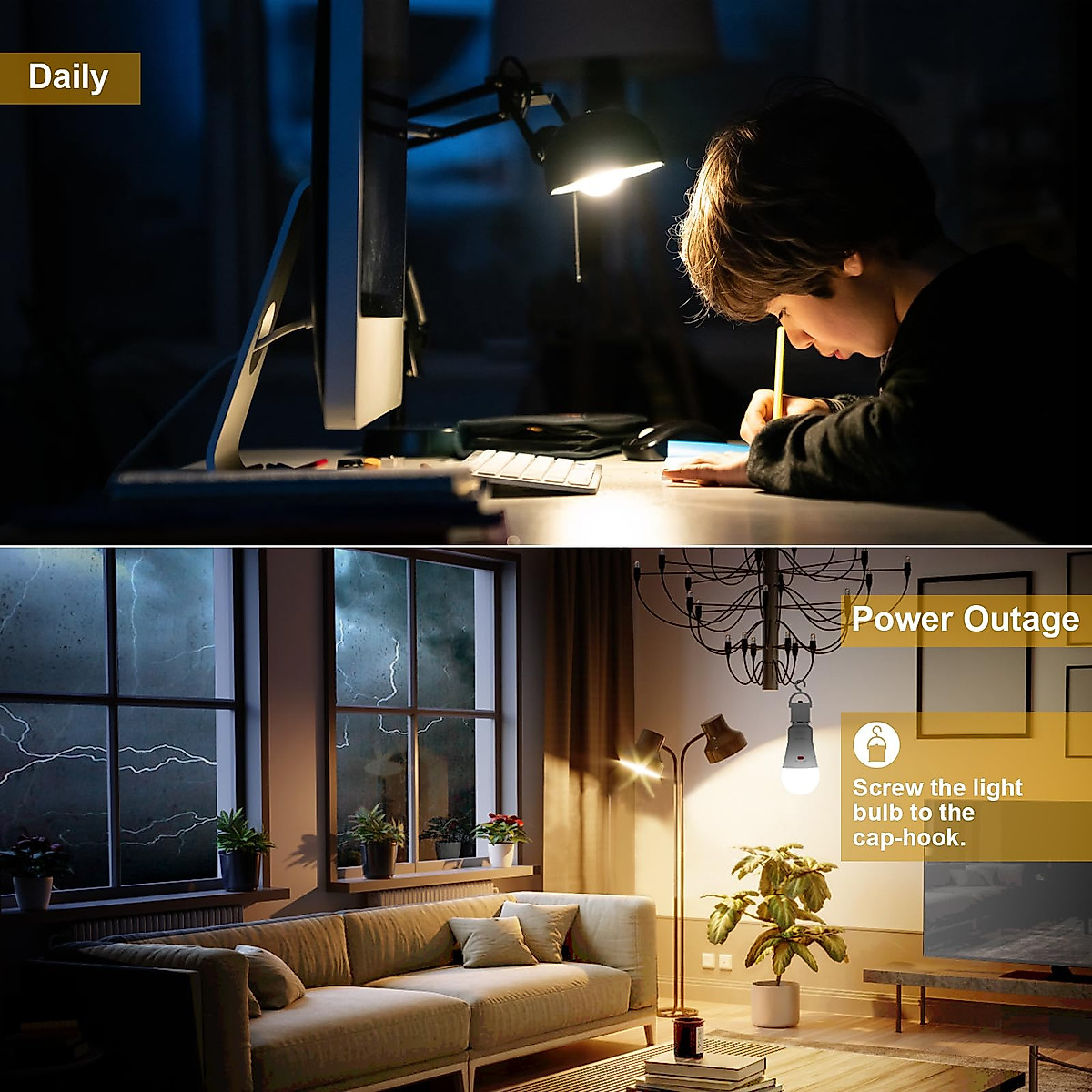 Emotionlite Rechargeable Emergency Light Bulb, 1800mAh Battery Backup for Home Power Failure, Outage Emergency Reading Lighting Camping Hurricane, 3 Brightness Dimmable, Warm White, E26 Base, 1 Pack