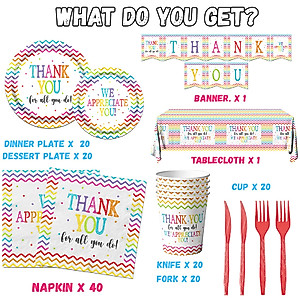 142Pcs Thanksgiving Paper Plates and Napkins Sets Thank You Party Decorations We Appreciate You Plates and Napkins Set with Cups Tablecloth and Banner Appreciation for Employee Teacher Doctor Parents