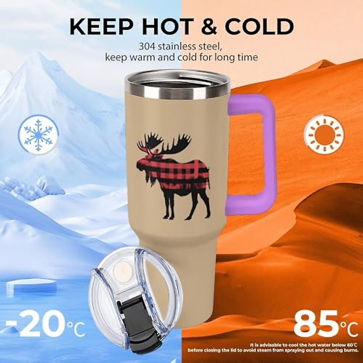 Plaid Moose Lumberjack Red Black 40 Oz Car Cup Stainless Steel Travel Mug Leak-Proof Insulated Tumbler with Handle Violet-style