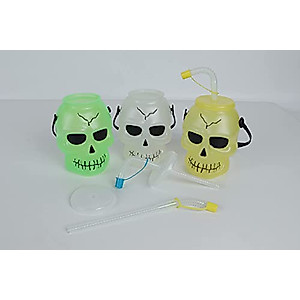 KEPATO Halloween Skull Cup Skull Tumblers,Drinking Jars with lids and straws,Includes three colors of green, white and yellow Skull Travel Mug(3pcs，3.5inch x5inch) Halloween party supplies decoration