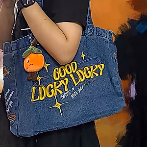 Tote Vintage Denim Embroidery Casual Cool Girl Shoulder Bag Soft Student Large Capacity Shopping Bag Harajuku (blue)