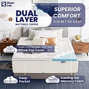 Sleep Lab Dual Layer 4 Inch Memory Foam Mattress Topper - Mattress Topper Queen - Cooling Mattress Topper for Back Pain - 2 Inch Cooling Gel Memory Foam + 2 Inch Cooling Effect Pillow Top