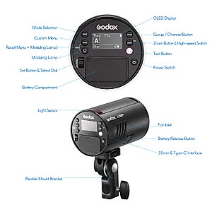 GODOX AD100Pro Studio Flash Light OLED Screen 5800K 1/8000s Sync TTL/Multi/M Flash Built-in 2.4G Wilreless X System 5 Groups 32 Channels with Rechargeable 2600mAh Battery with Godox S2 Flash Bracket