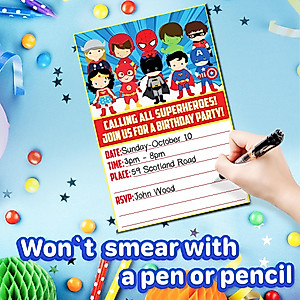 20x Super Hero Kids Birthday Invitations and Envelopes – Fill-in Happy Birthday Party Invitations for Kids, 6X4 Inches, Postcard Style